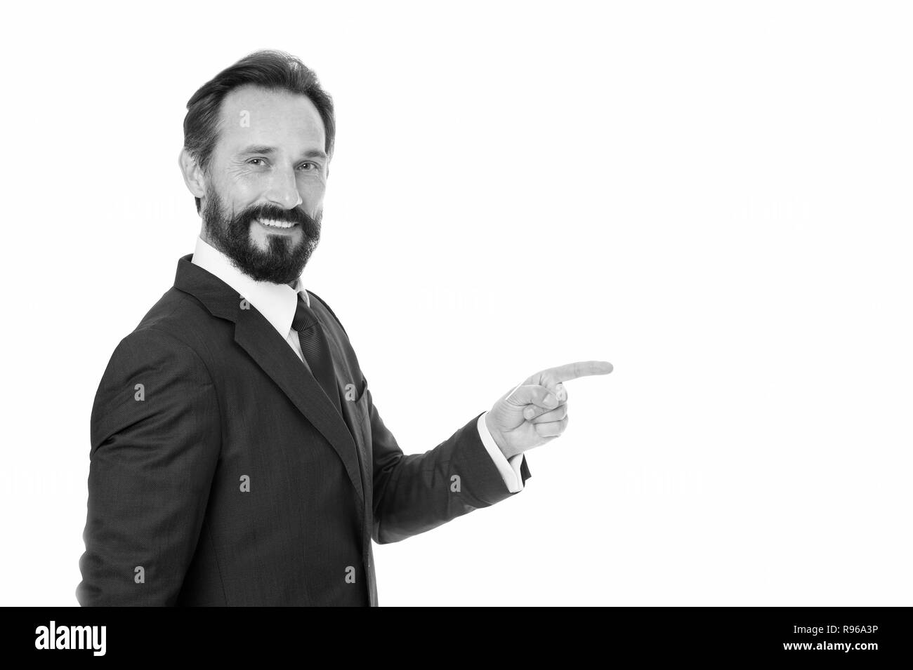Man concept. Man pointing finger isolated on white. Bearded man in ...