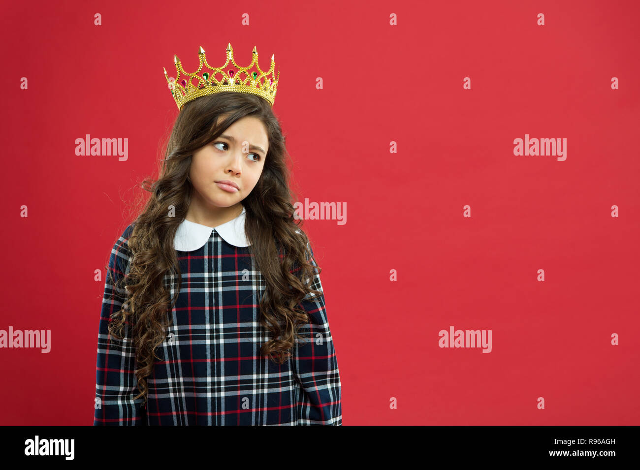 Princess manners. Girl wear crown red background. Monarch family ...