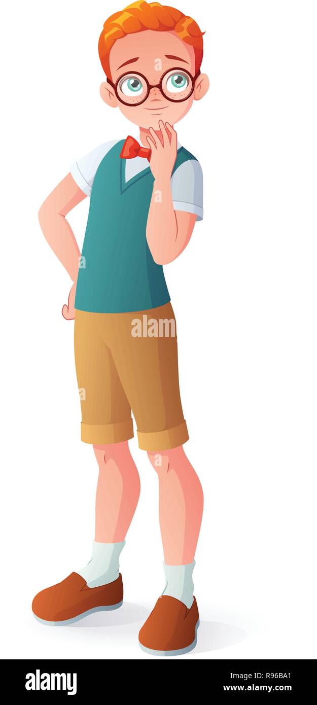 Smart curious thinking young redhead kid. Isolated vector illustration ...