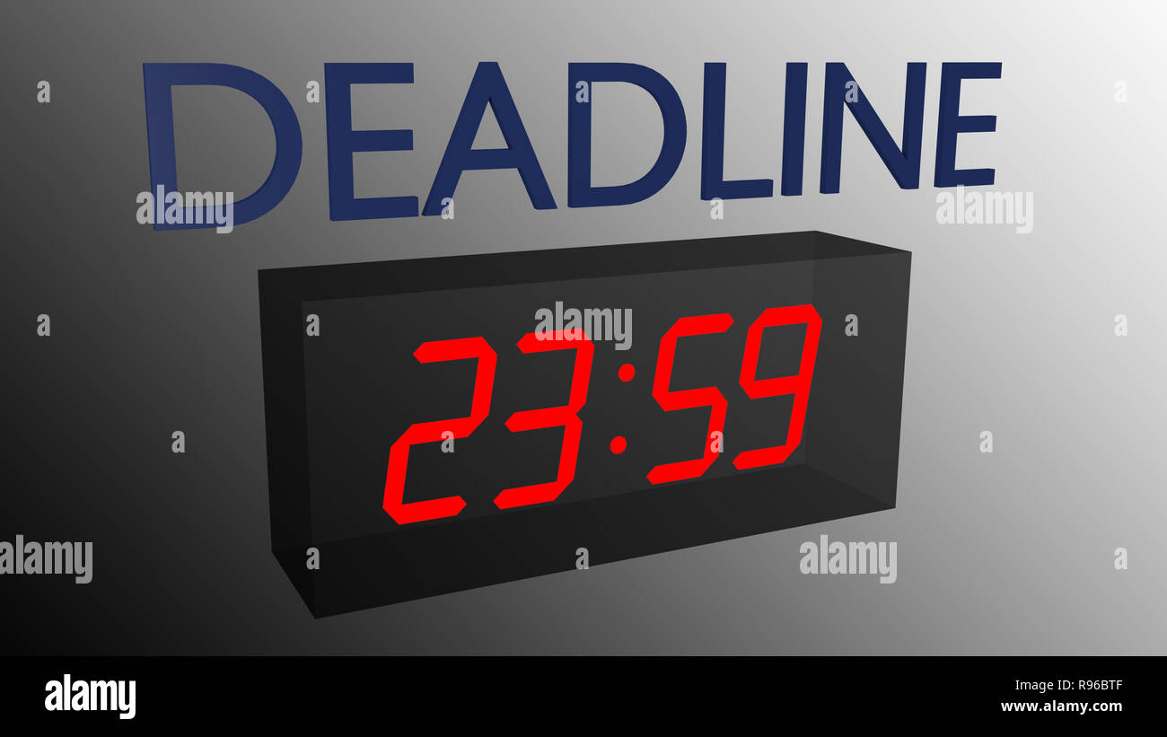 DEADLINE sign concept 3D illustration with digital clock on gray ...