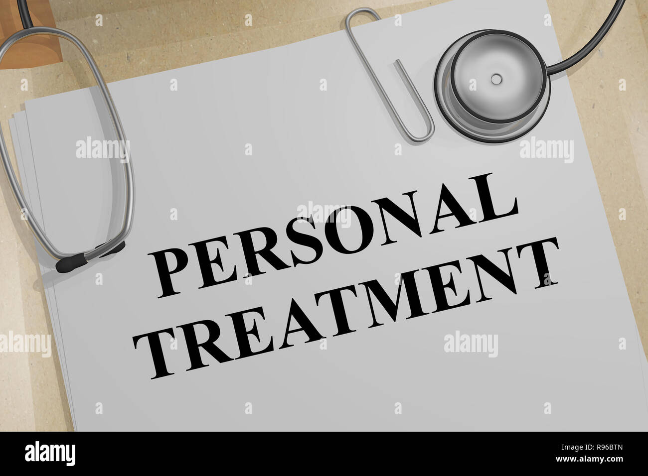 3D illustration of PERSONAL TREATMENT title on a medical document Stock ...
