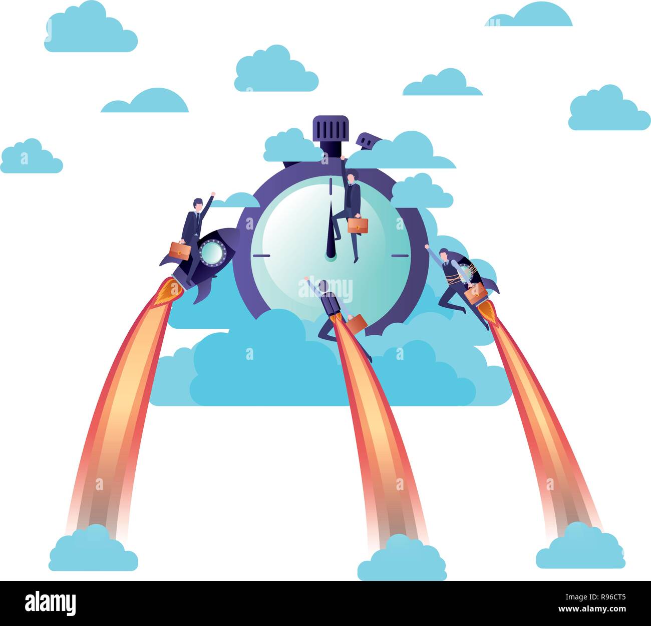 businessmen on rocket and clock avatar character Stock Vector Image ...