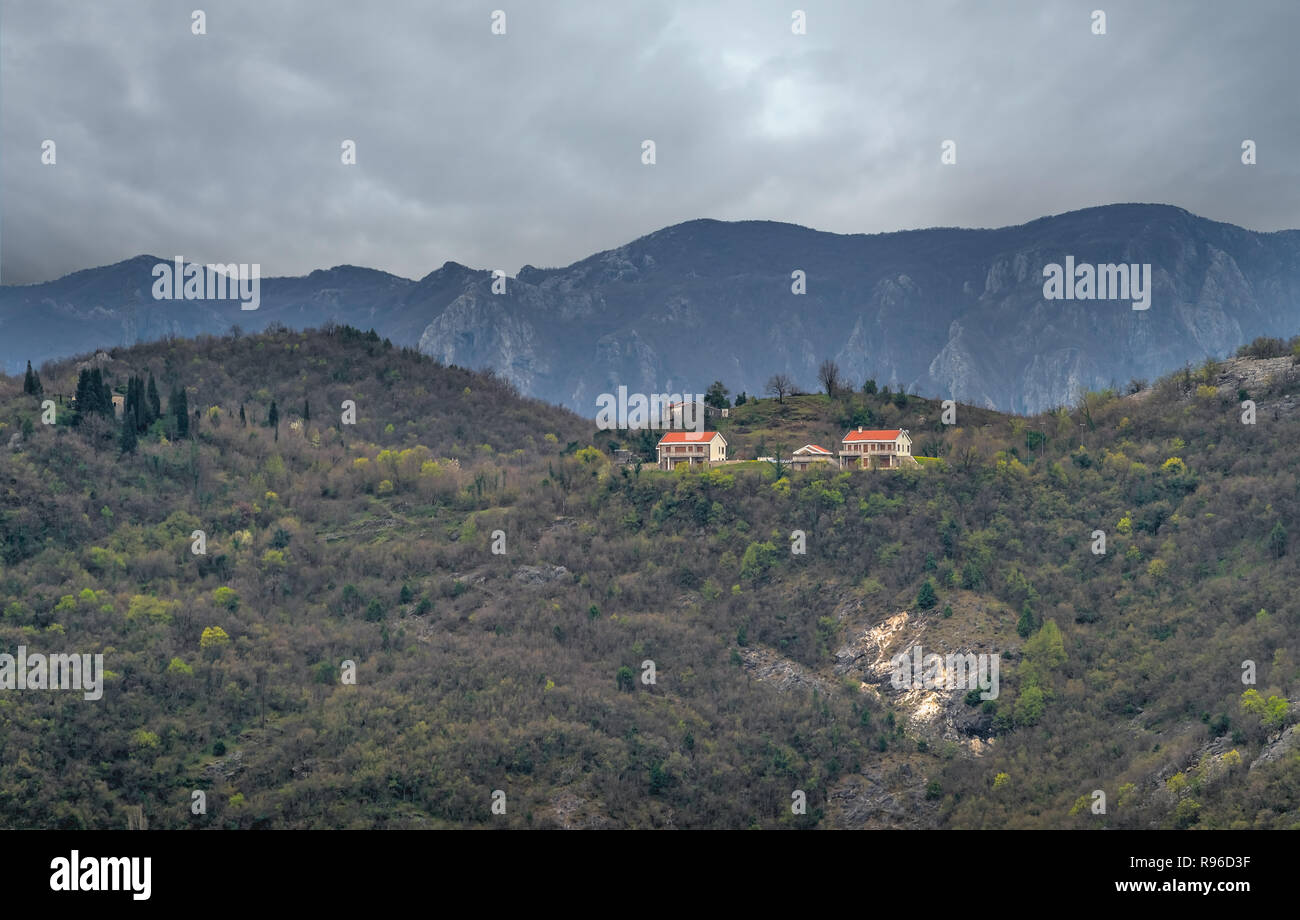 Small countryside village homes and houses on the hill in the Skadar ...