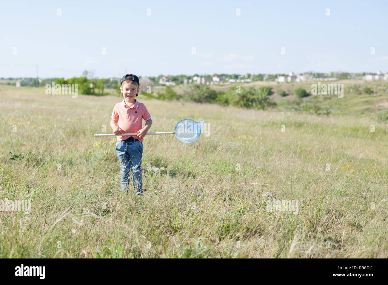 little boy catches NET butterflies in the field Stock Photo - Alamy