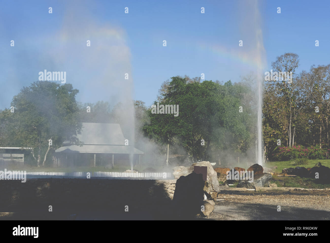 geyser eruption. exploding hot spring geothermal water in Sankampang in ...