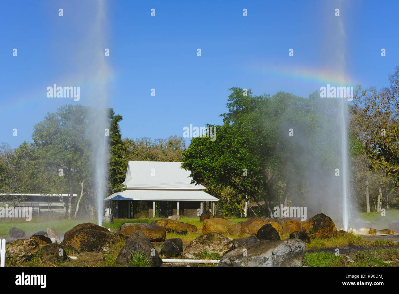 geyser eruption. exploding hot spring geothermal water in Sankampang in ...