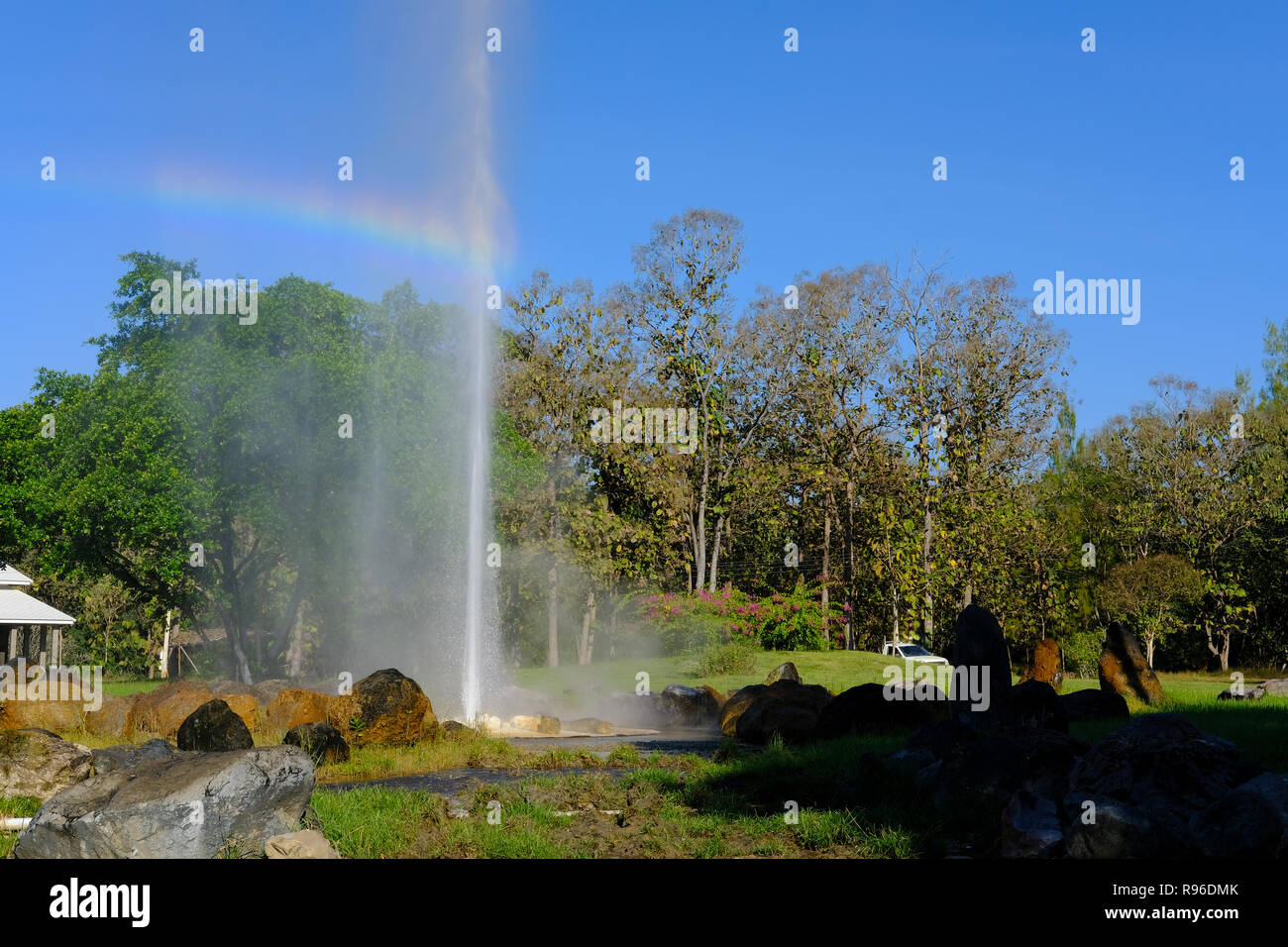 geyser eruption. exploding hot spring geothermal water in Sankampang in ...