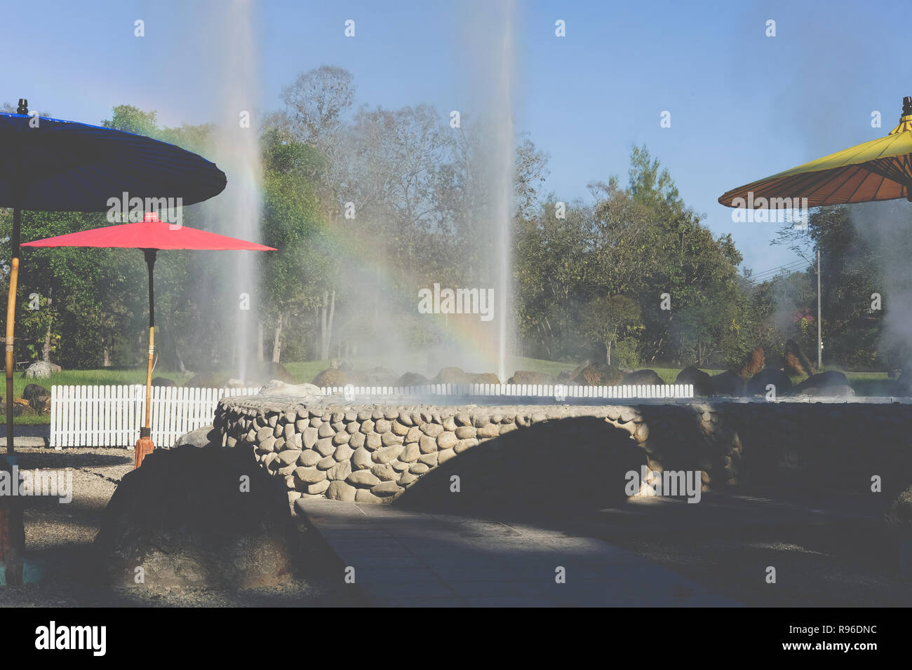 geyser eruption. exploding hot spring geothermal water in Sankampang in ...