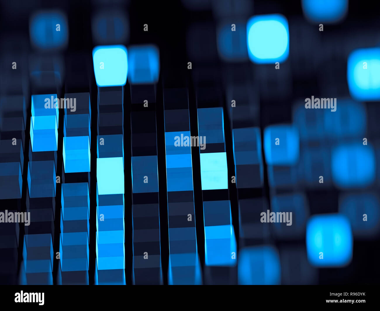 Abstract blurred blue glowing in dark cubes - computer-generated 3d ...
