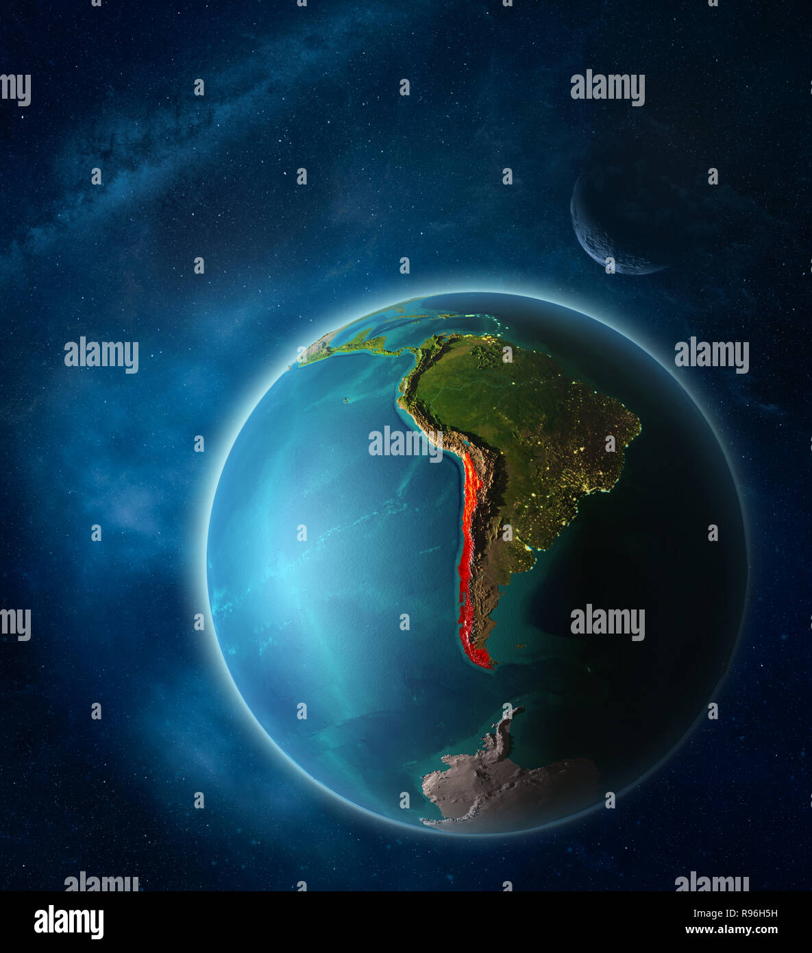 Chile from space on planet Earth in space with Moon and Milky Way ...