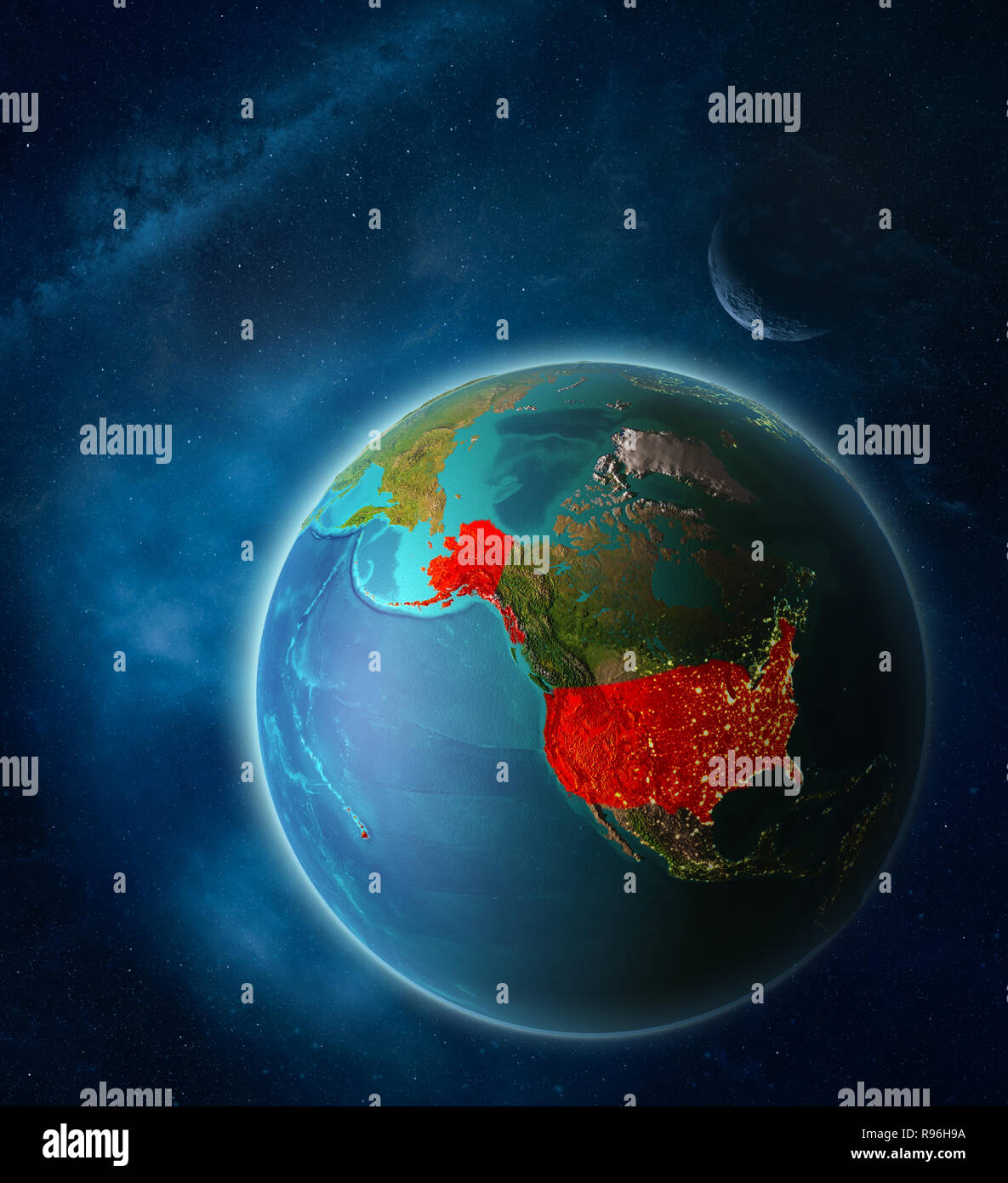 USA from space on planet Earth in space with Moon and Milky Way ...