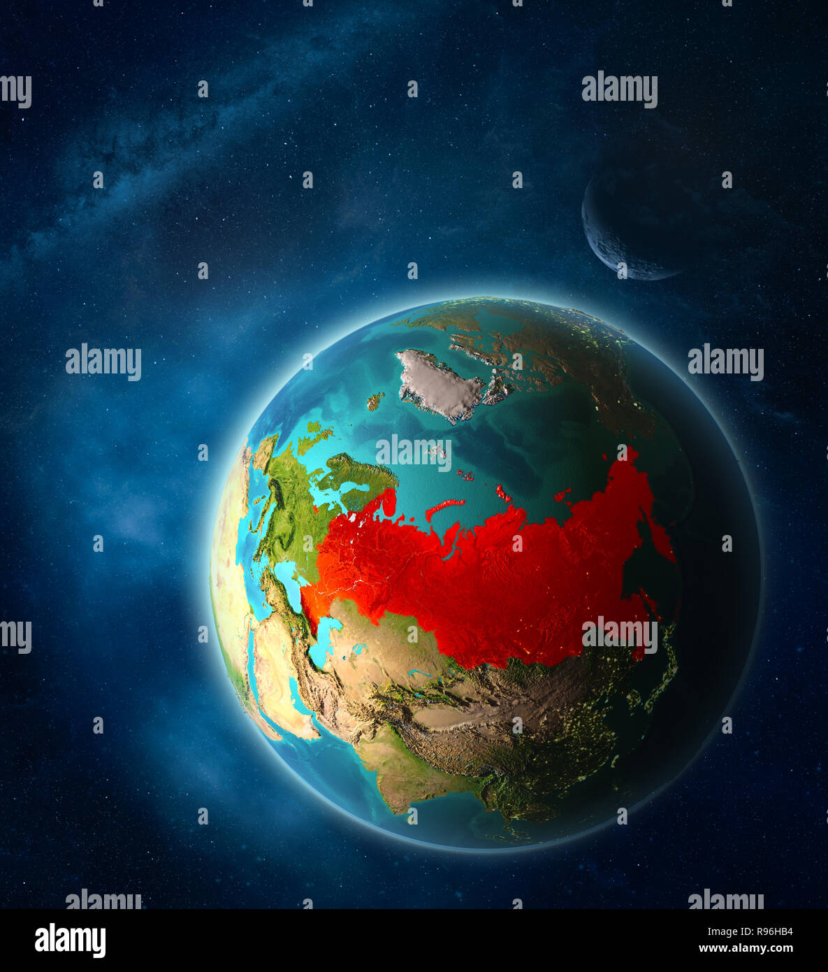 Russia from space on planet Earth in space with Moon and Milky Way ...