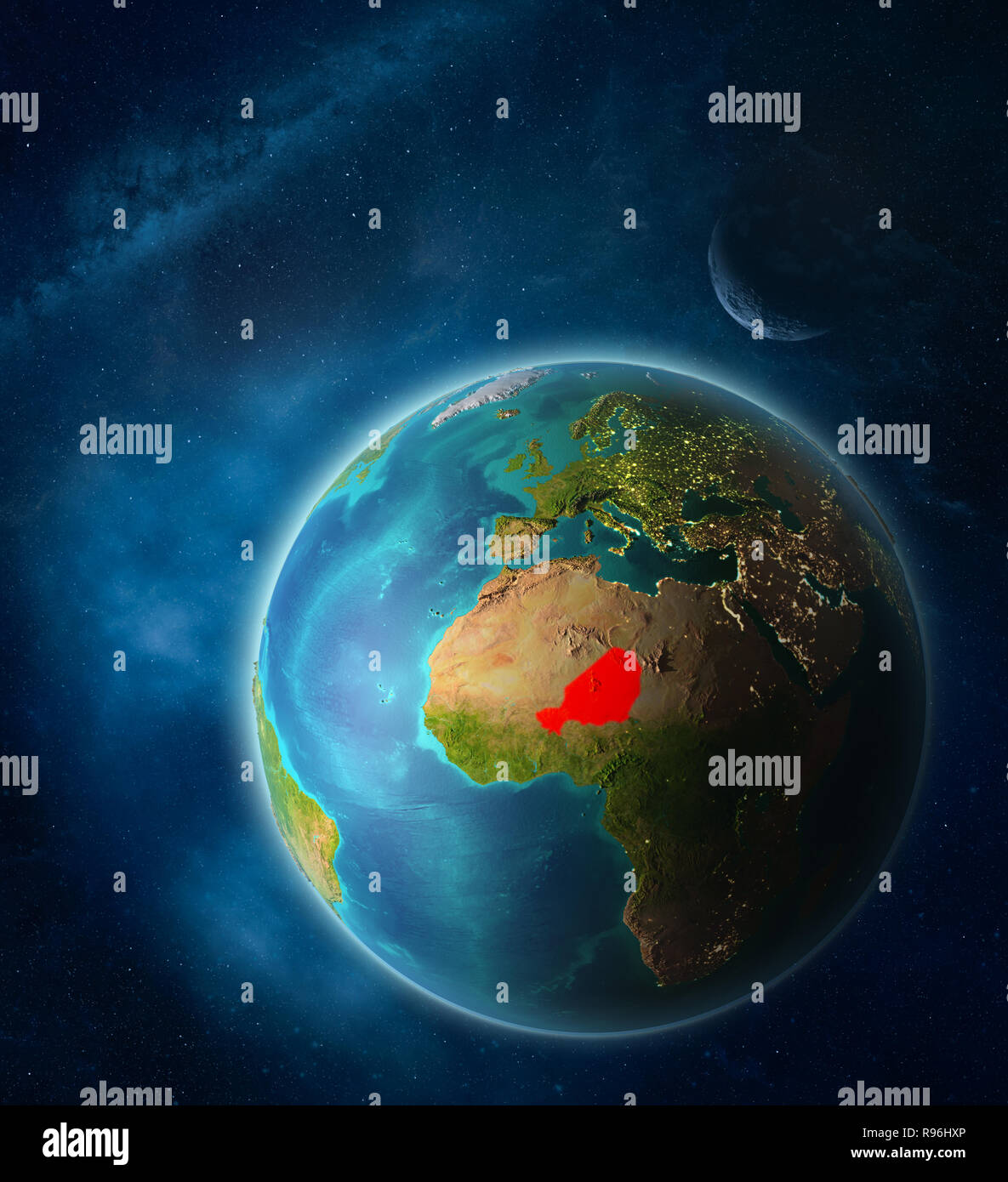 Niger from space on planet Earth in space with Moon and Milky Way ...