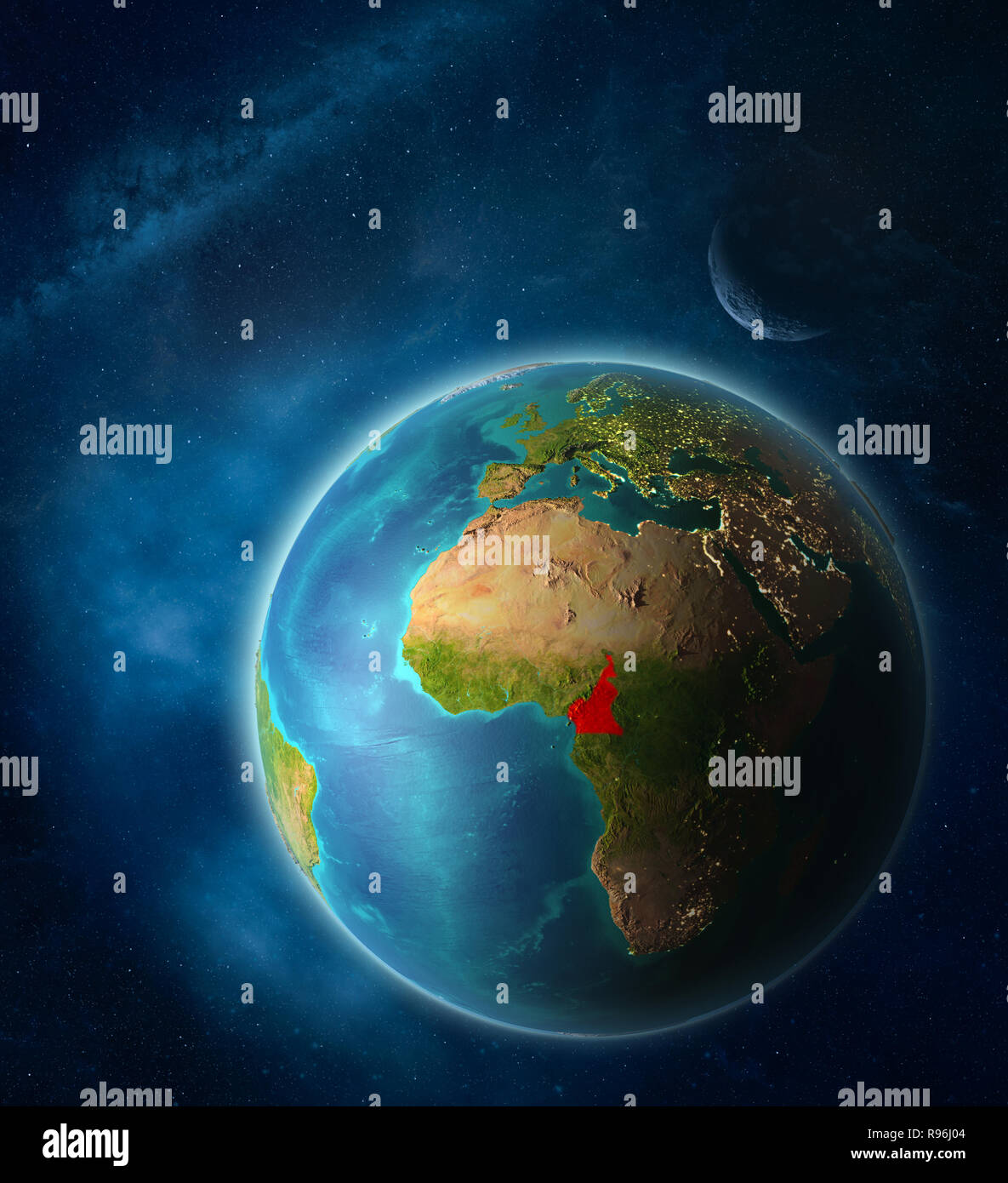Cameroon from space on planet Earth in space with Moon and Milky Way ...