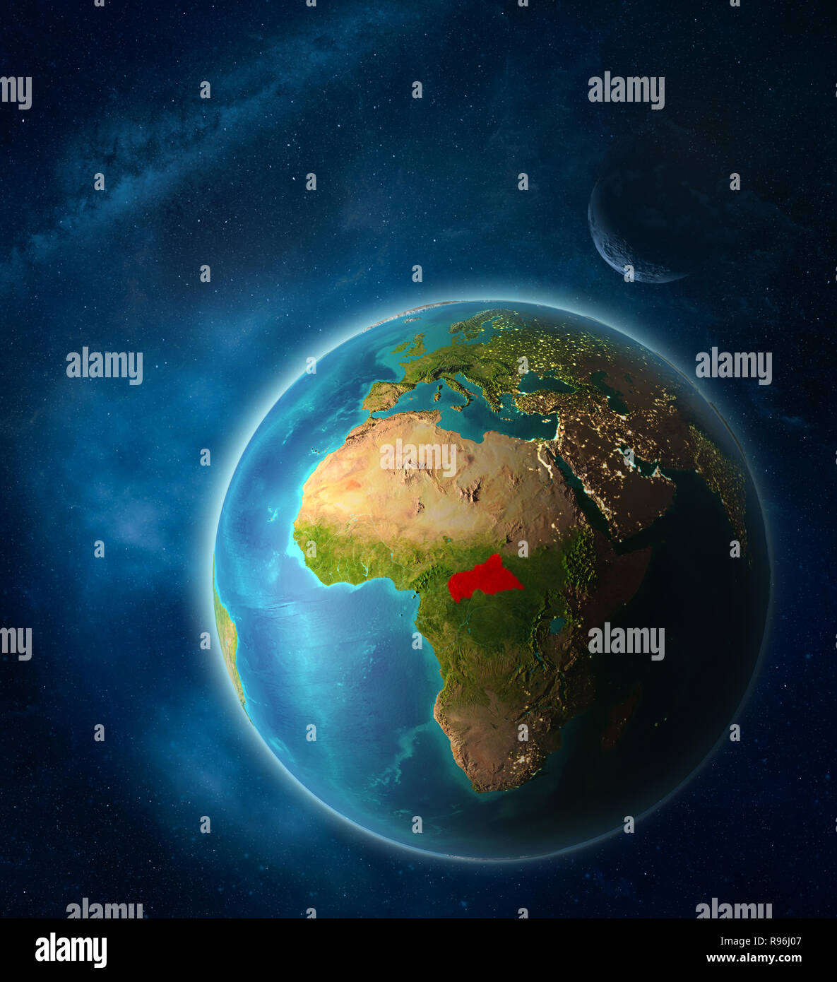 Central Africa from space on planet Earth in space with Moon and Milky ...