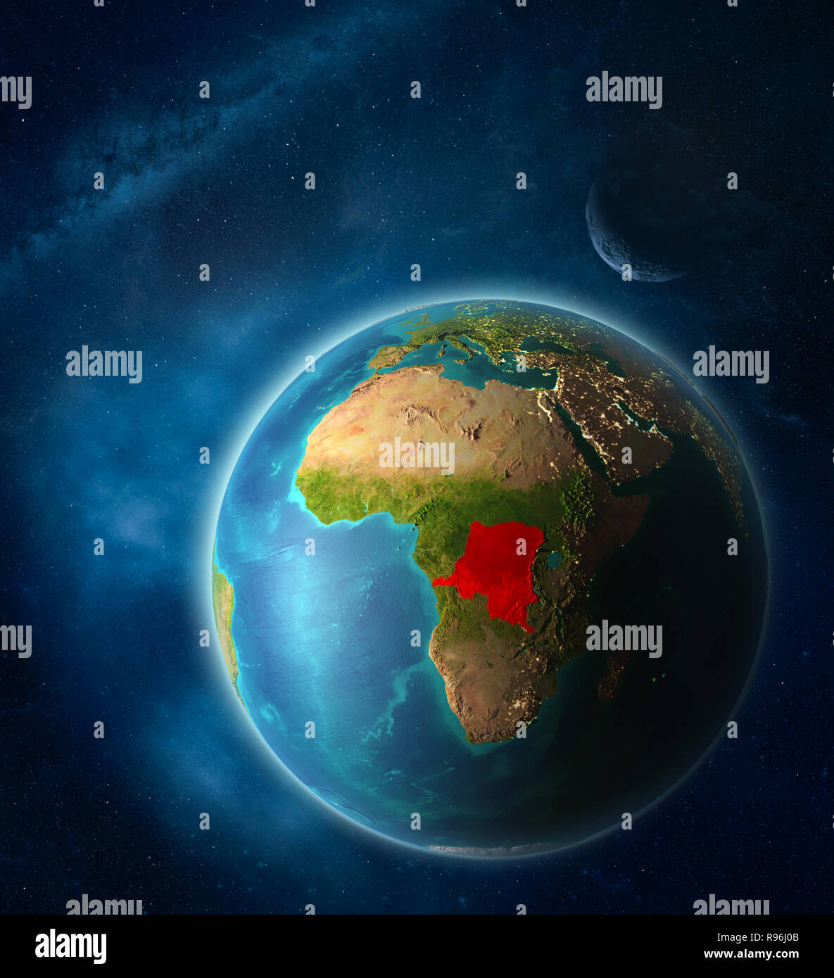 Dem Rep of Congo from space on planet Earth in space with Moon and ...