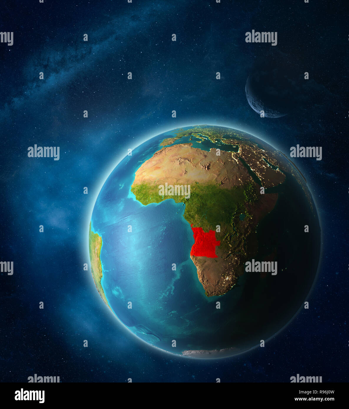 Angola from space on planet Earth in space with Moon and Milky Way ...