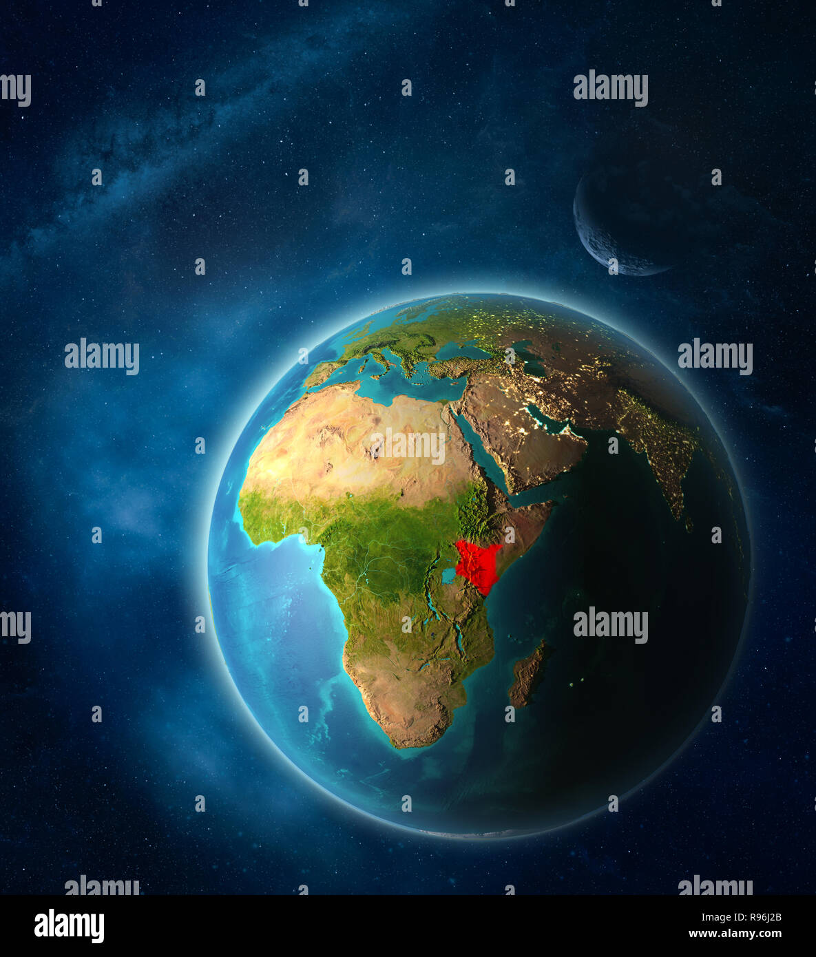 Kenya from space on planet Earth in space with Moon and Milky Way ...