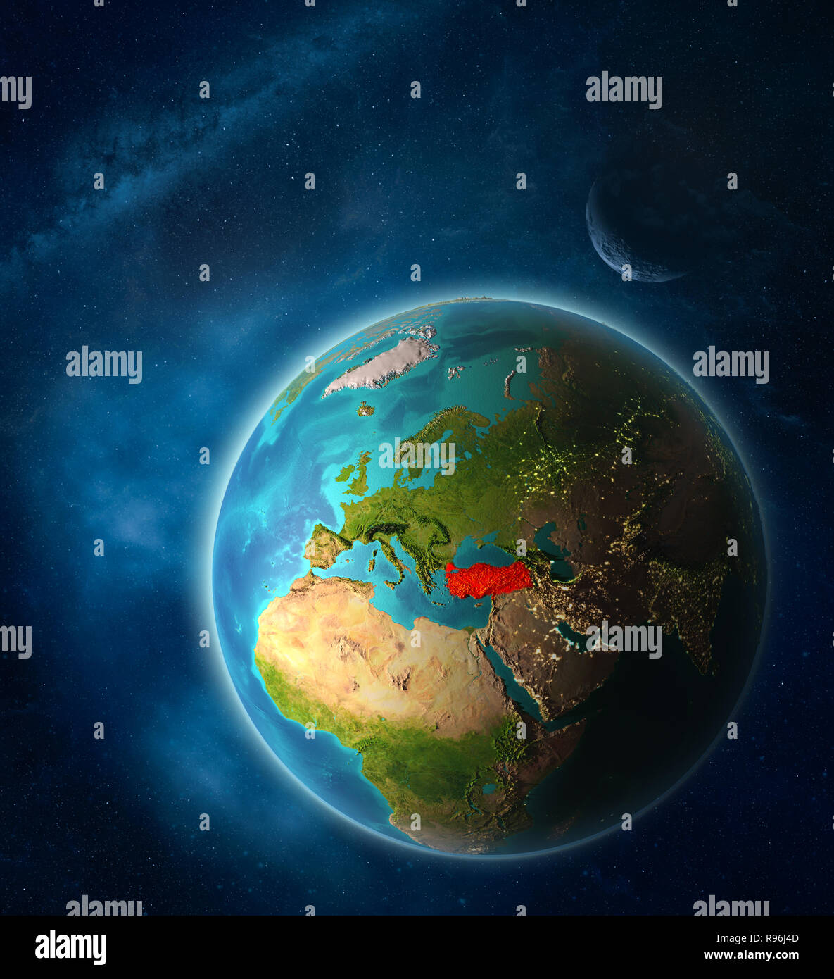 Turkey from space on planet Earth in space with Moon and Milky Way ...