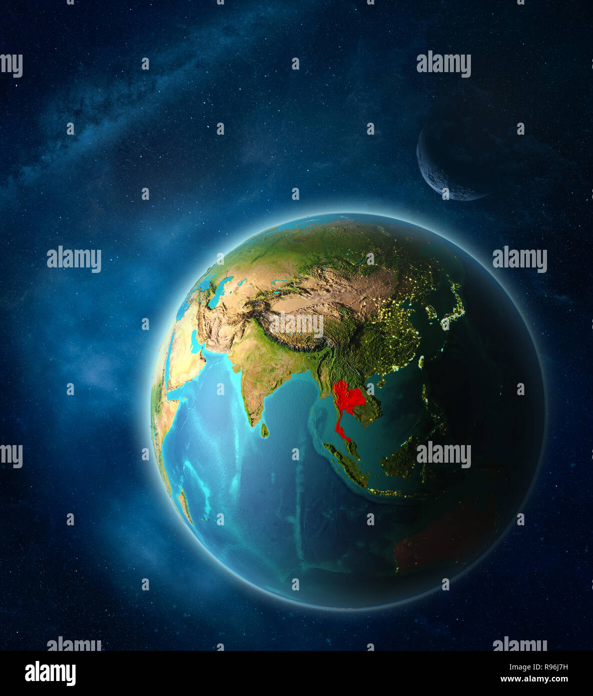 Thailand from space on planet Earth in space with Moon and Milky Way ...