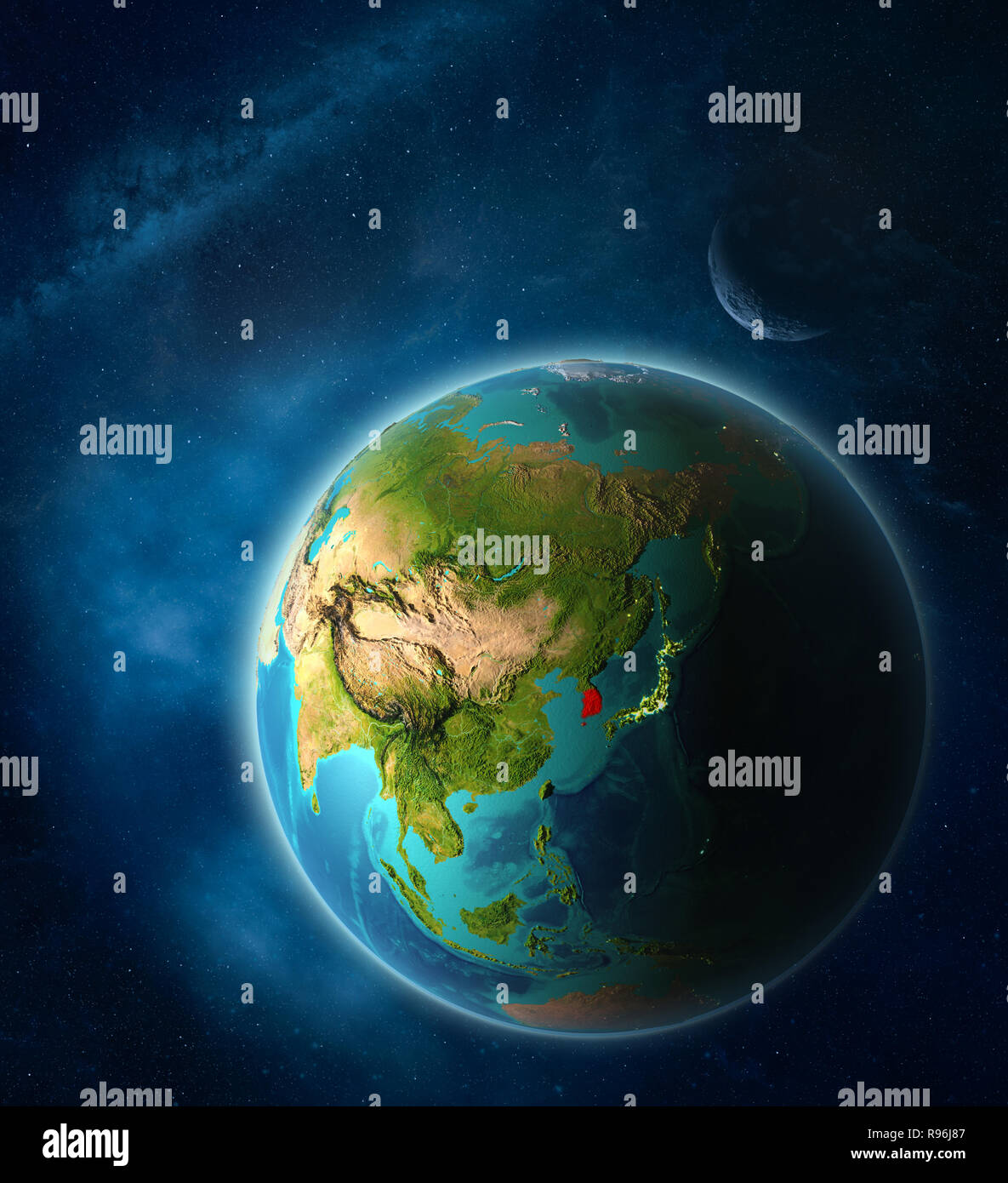 South Korea from space on planet Earth in space with Moon and Milky Way ...