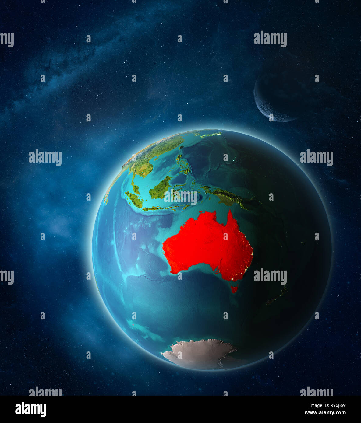 Australia from space on planet Earth in space with Moon and Milky Way ...