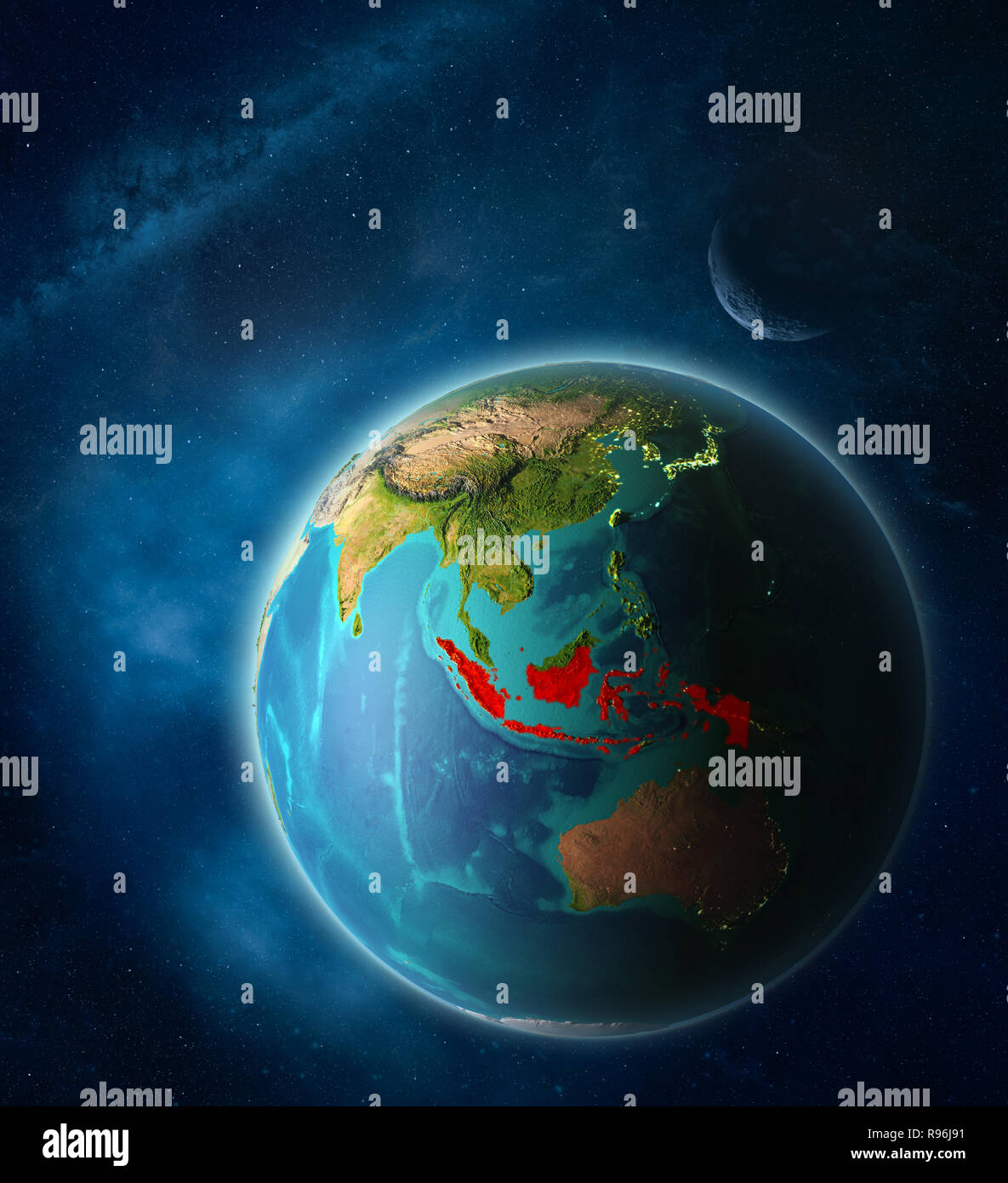 Indonesia from space on planet Earth in space with Moon and Milky Way ...