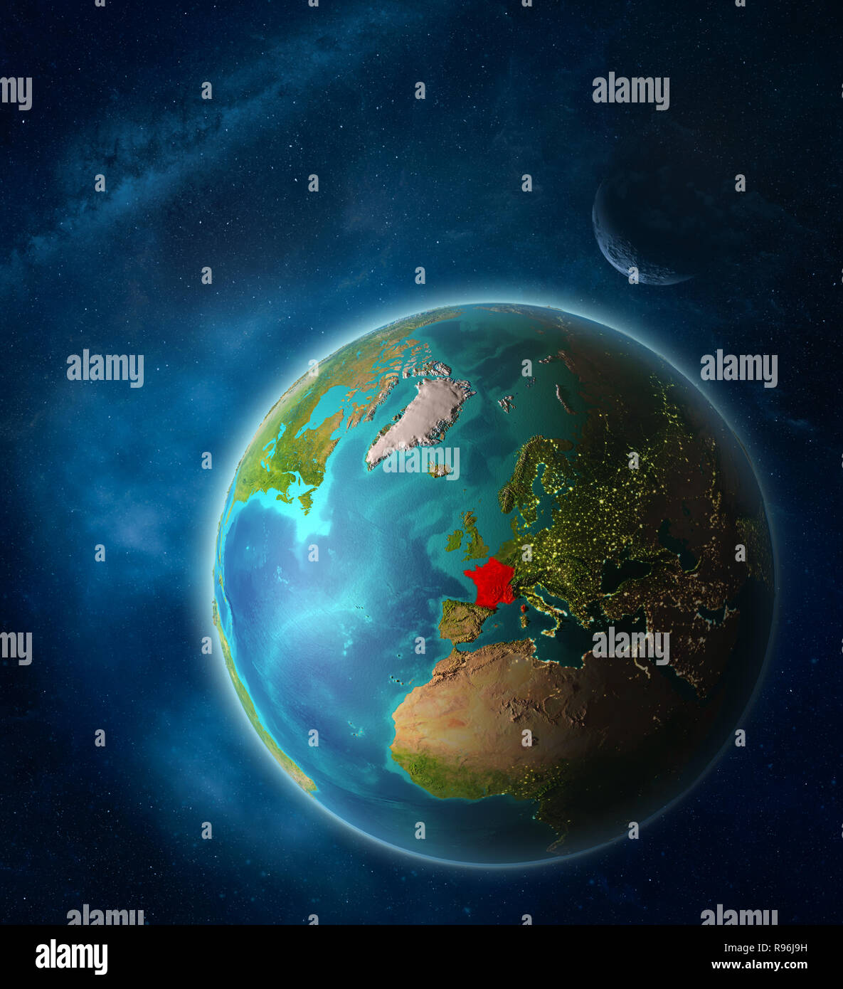 France from space on planet Earth in space with Moon and Milky Way ...