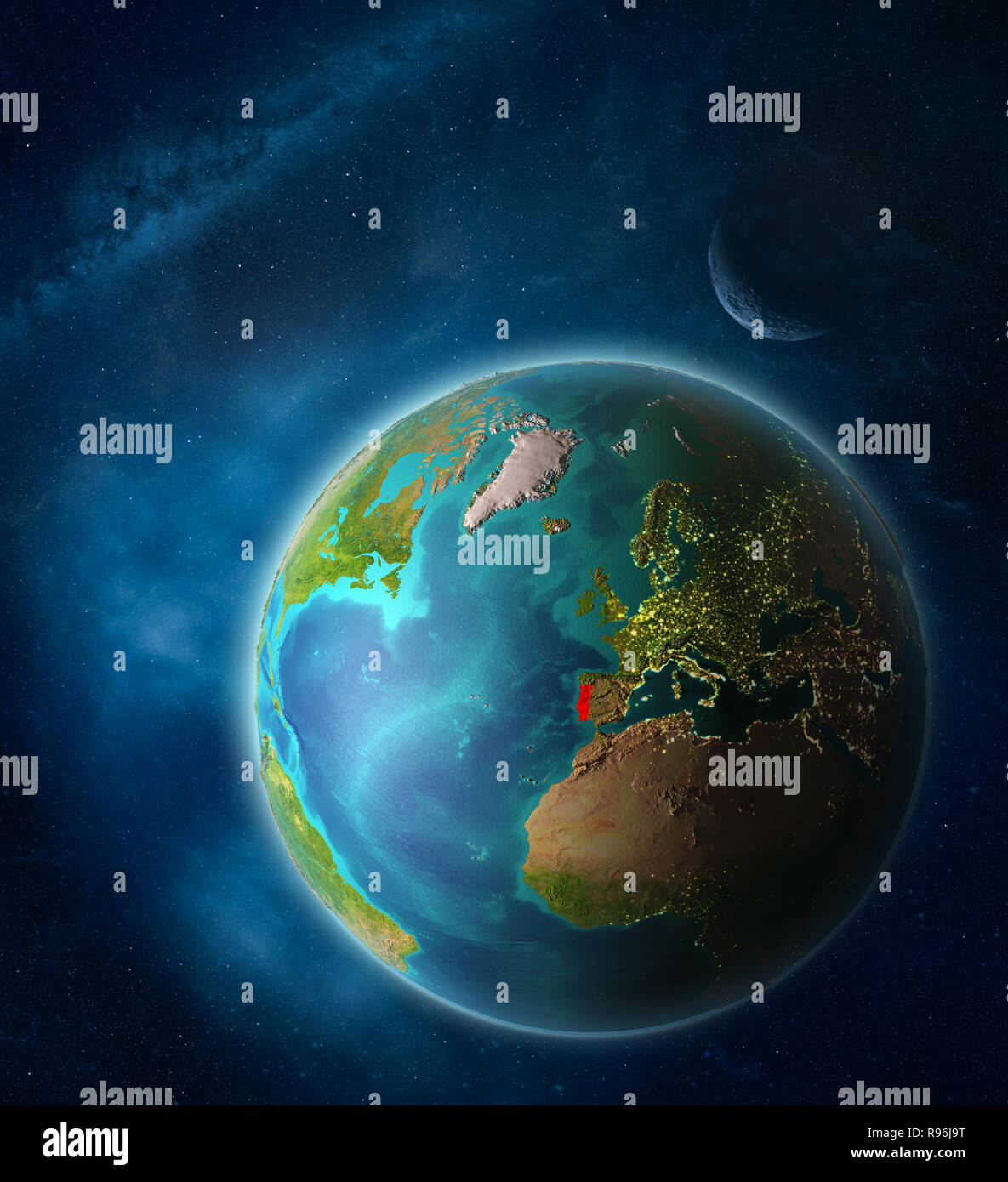 Portugal from space on planet Earth in space with Moon and Milky Way ...