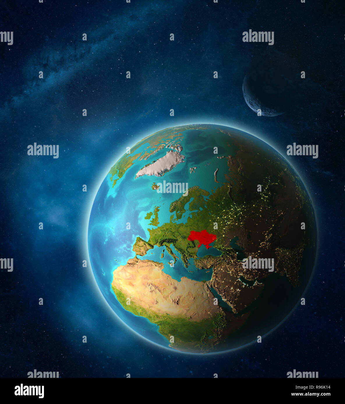Ukraine from space on planet Earth in space with Moon and Milky Way ...
