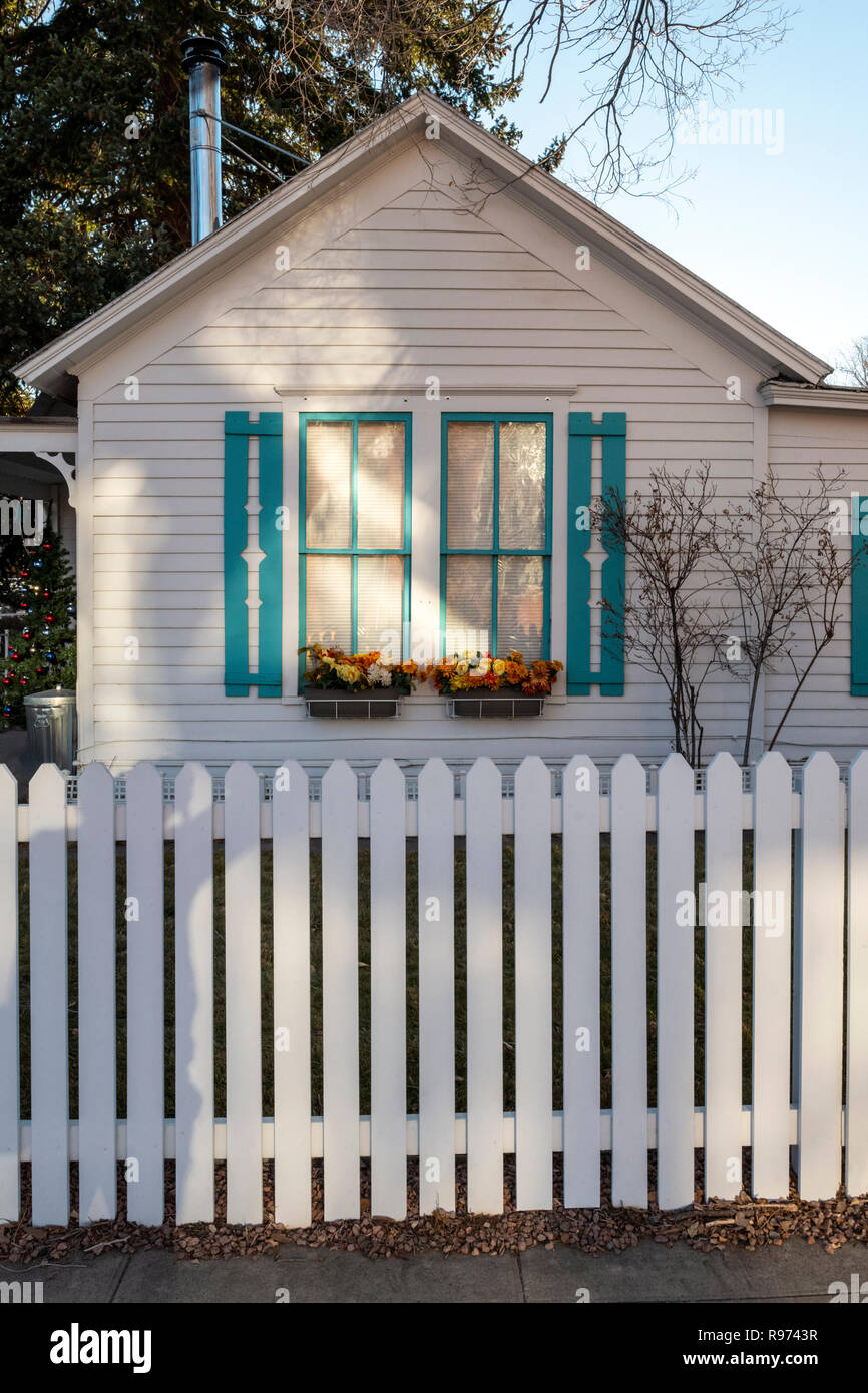 White picket fence; window & flower box; Salida; Colorado; USA Stock ...