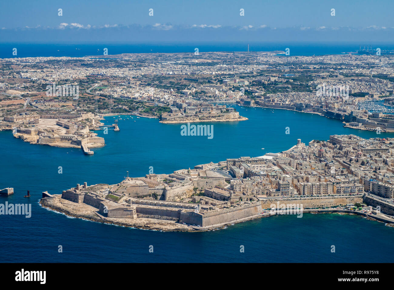 Malta aerial view. Valetta, capital city of Malta, Grand Harbour ...