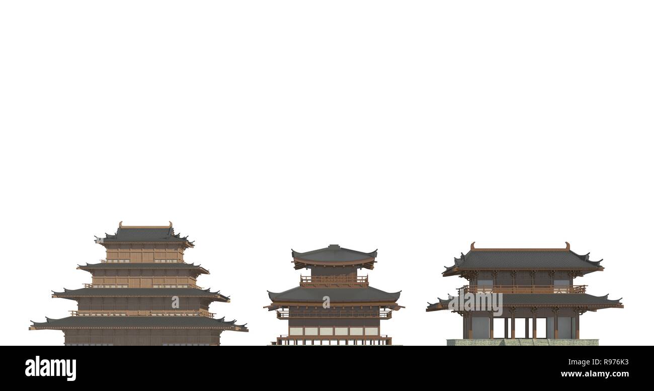 3D illustration old japanese buildings in traditional style isolated on ...