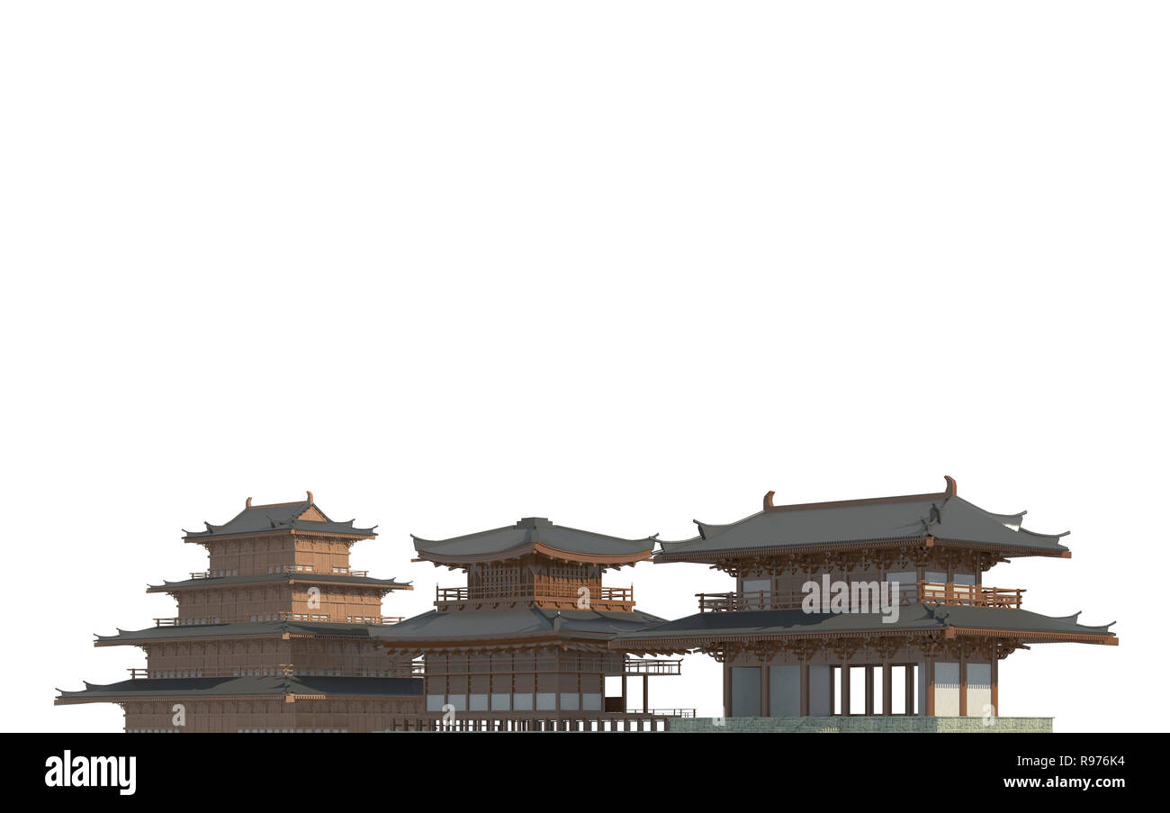 3D illustration old japanese buildings in traditional style isolated on ...
