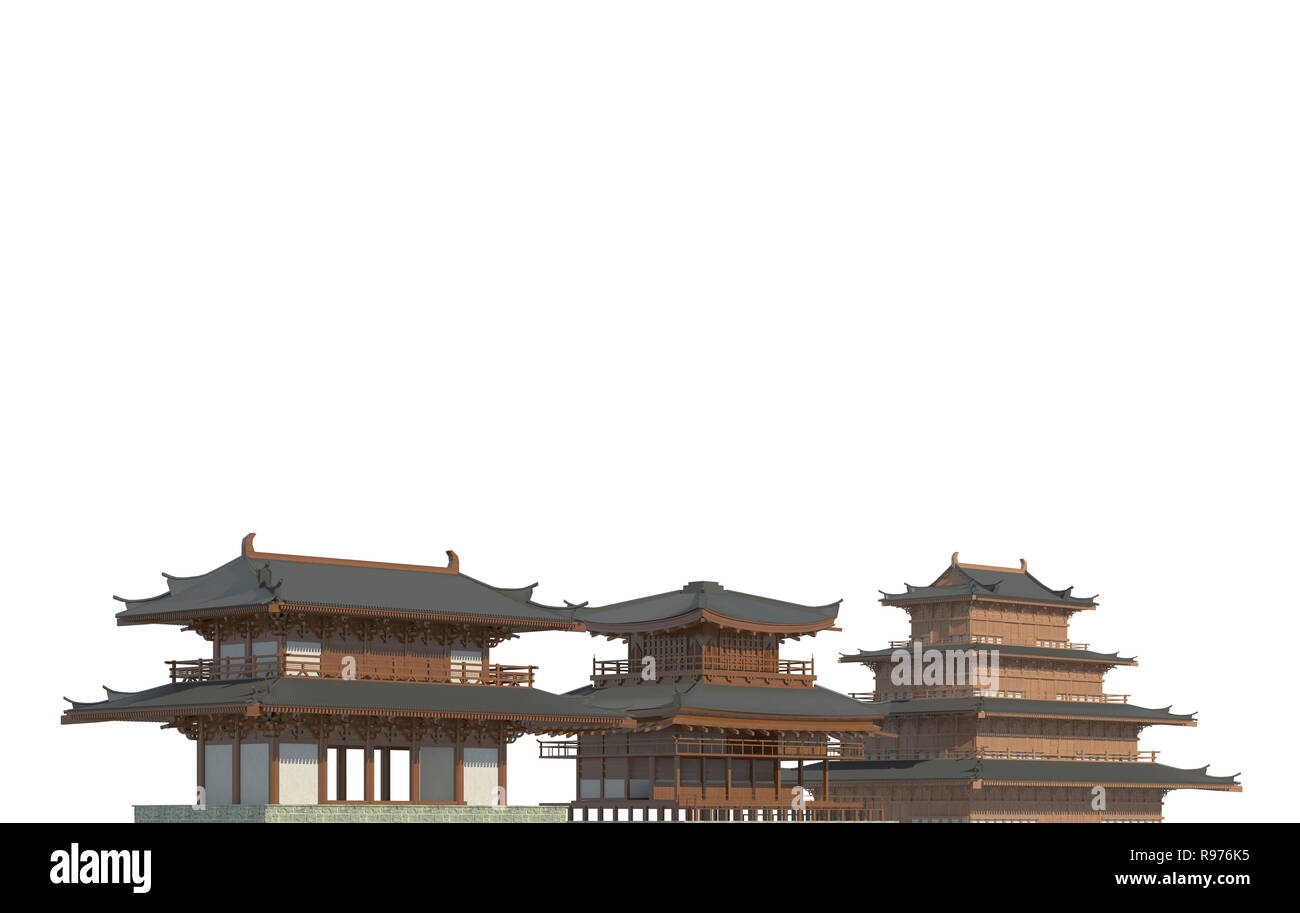 3D illustration old japanese buildings in traditional style isolated on ...