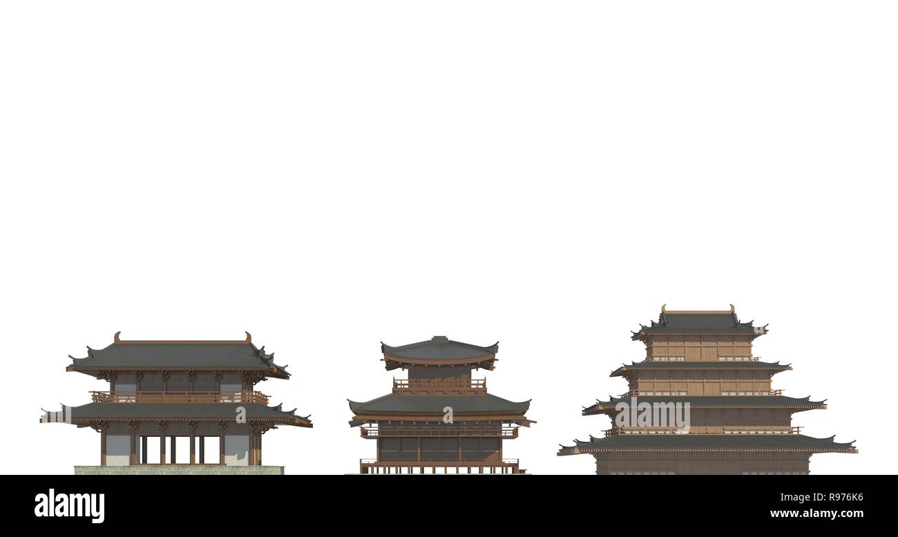 3D illustration old japanese buildings in traditional style isolated on ...