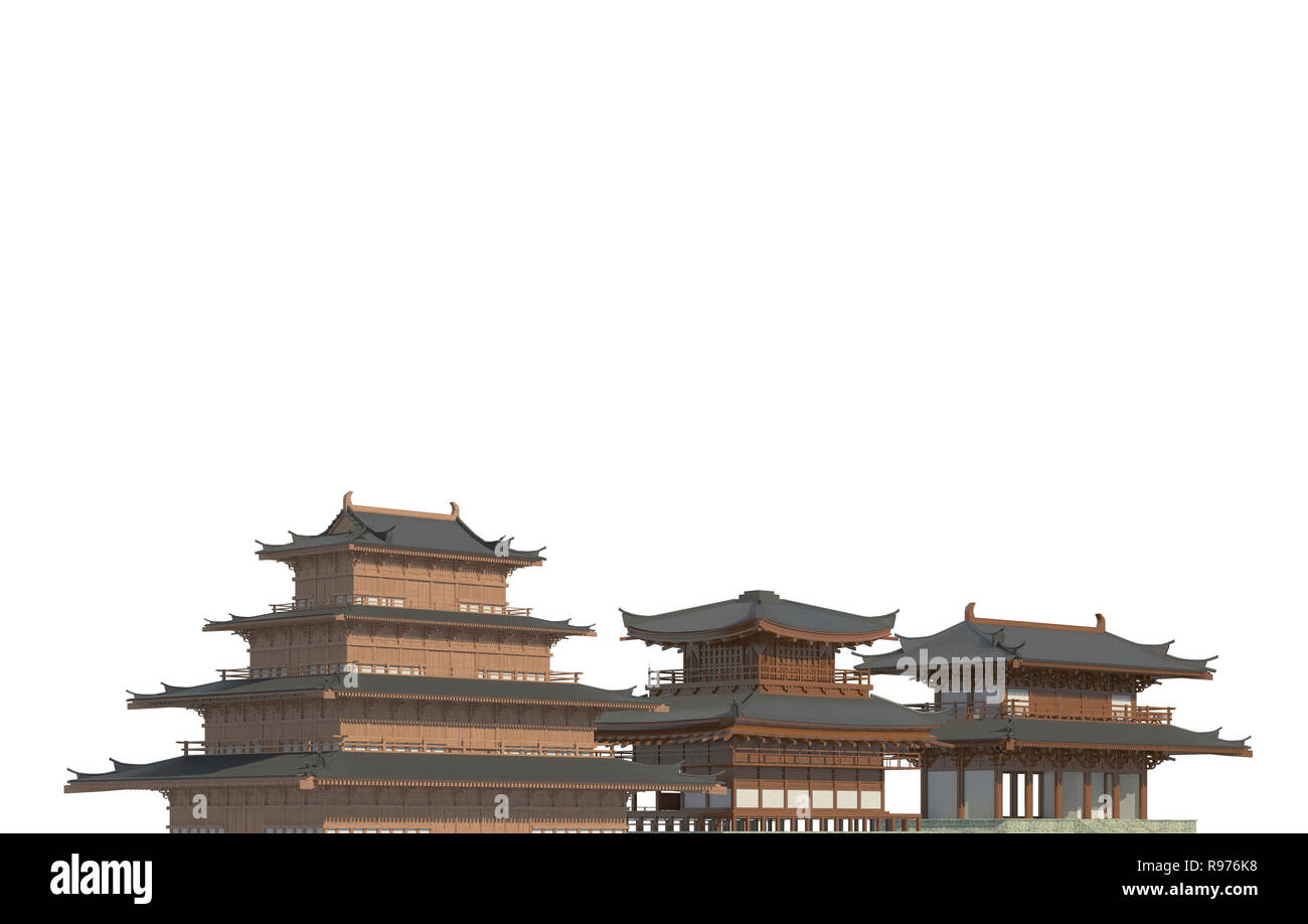 3D illustration old japanese buildings in traditional style isolated on ...