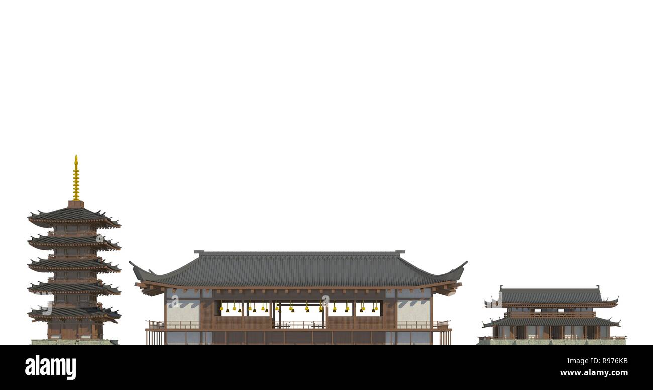 3D illustration old japanese buildings in traditional style isolated on ...