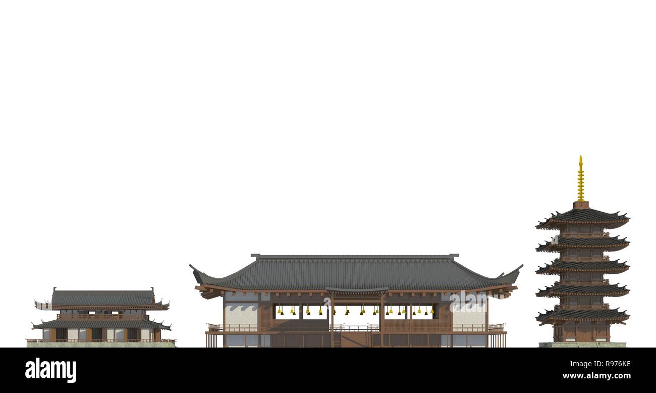 3D illustration old japanese buildings in traditional style isolated on ...