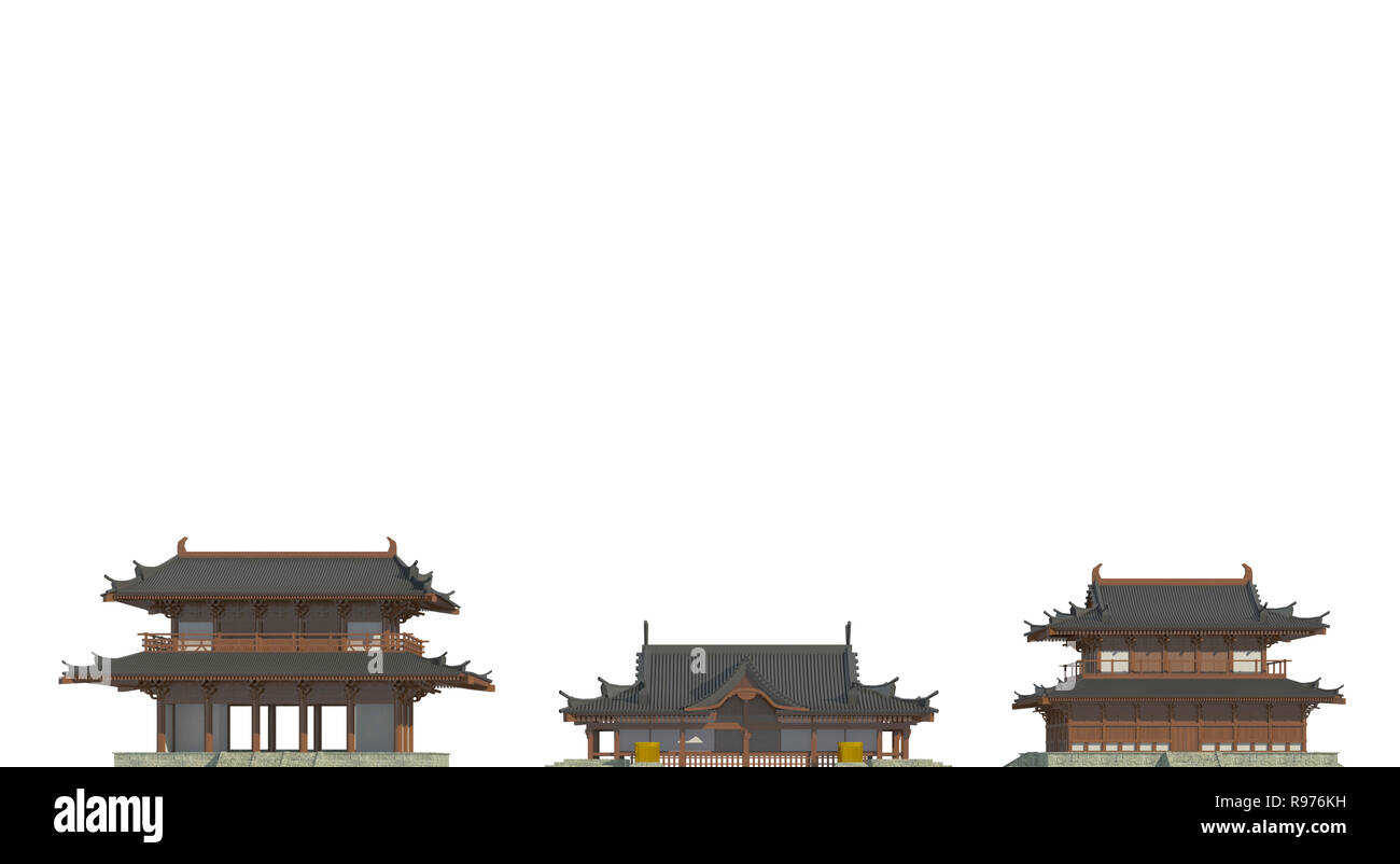 3D illustration old japanese buildings in traditional style isolated on ...