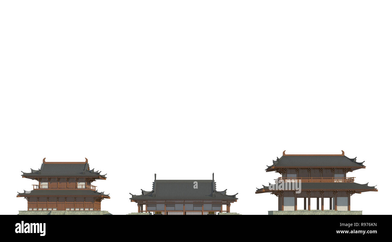 3D illustration old japanese buildings in traditional style isolated on ...