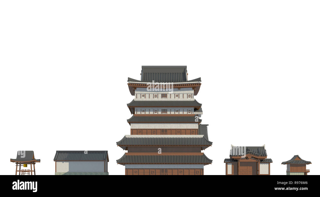 3D illustration old japanese buildings in traditional style isolated on ...