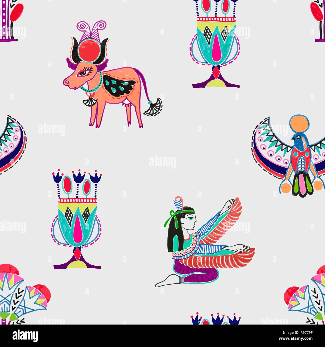 seamless pattern with marker sketch drawing ancient egyptian sym Stock ...