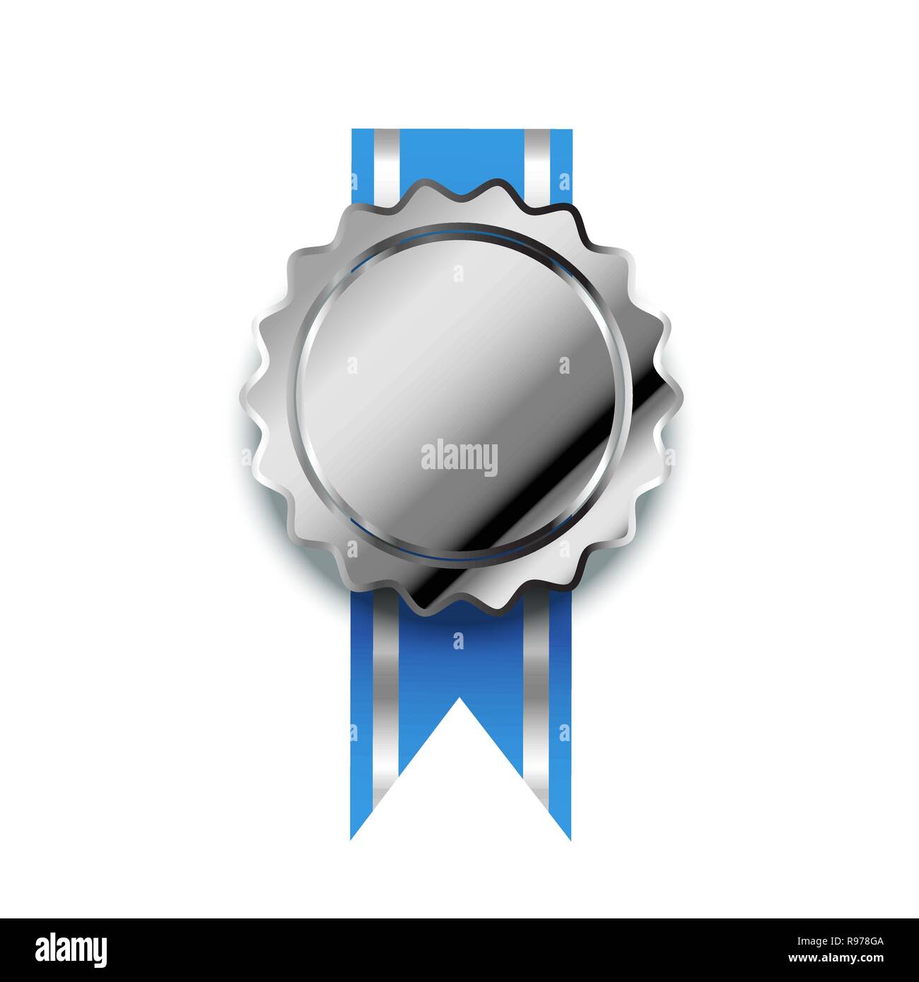 Bright silver award with blue tape, glossy winner badge isolated on ...