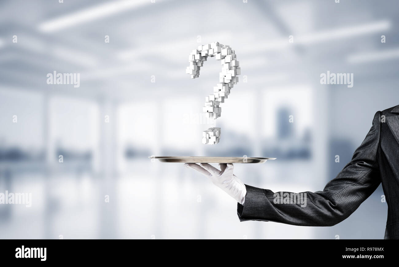 Hand of waiter presenting question mark on tray Stock Photo - Alamy