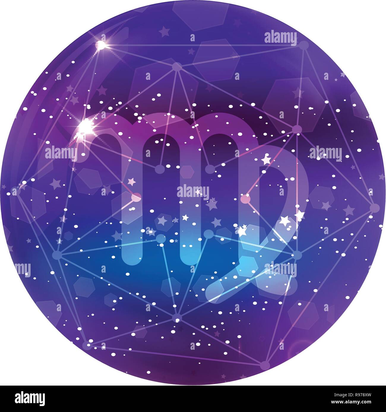 Virgo Zodiac sign and constellation on a cosmic purple sky with glowing ...