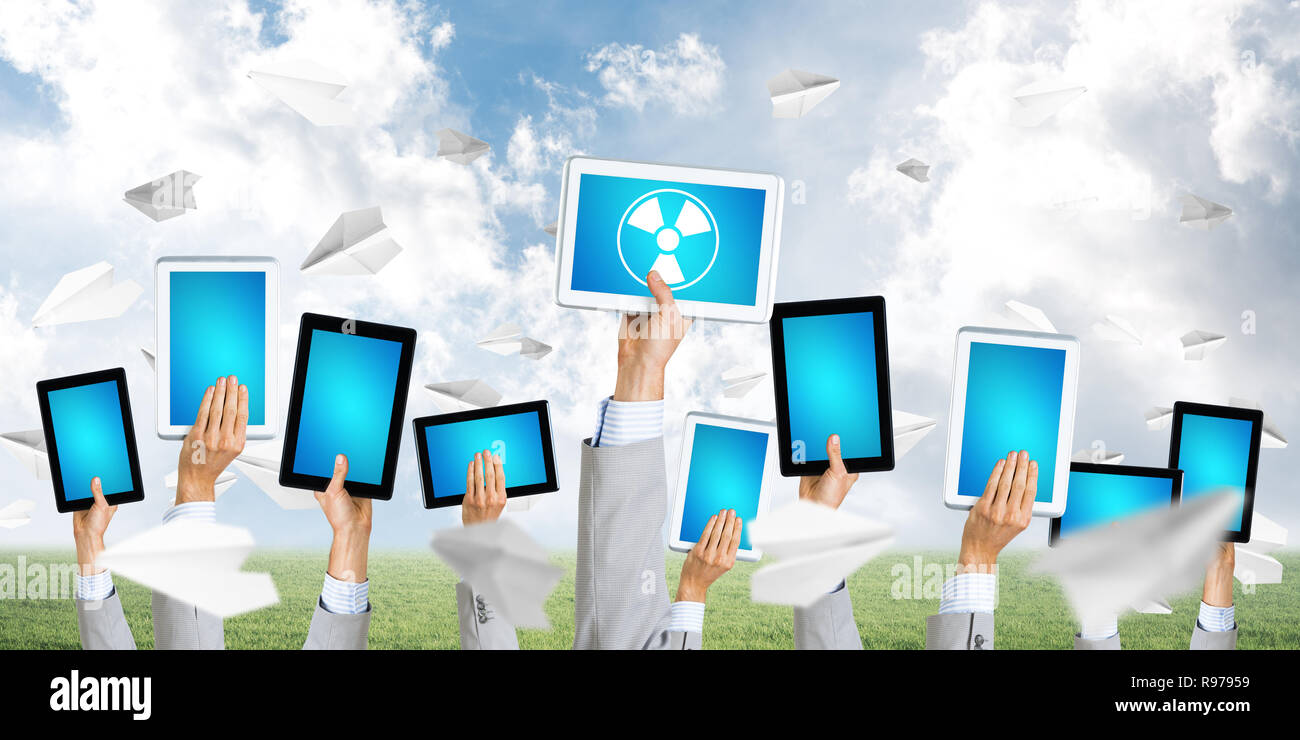Close of businessman hands in line showing tablet pc with blank blue ...