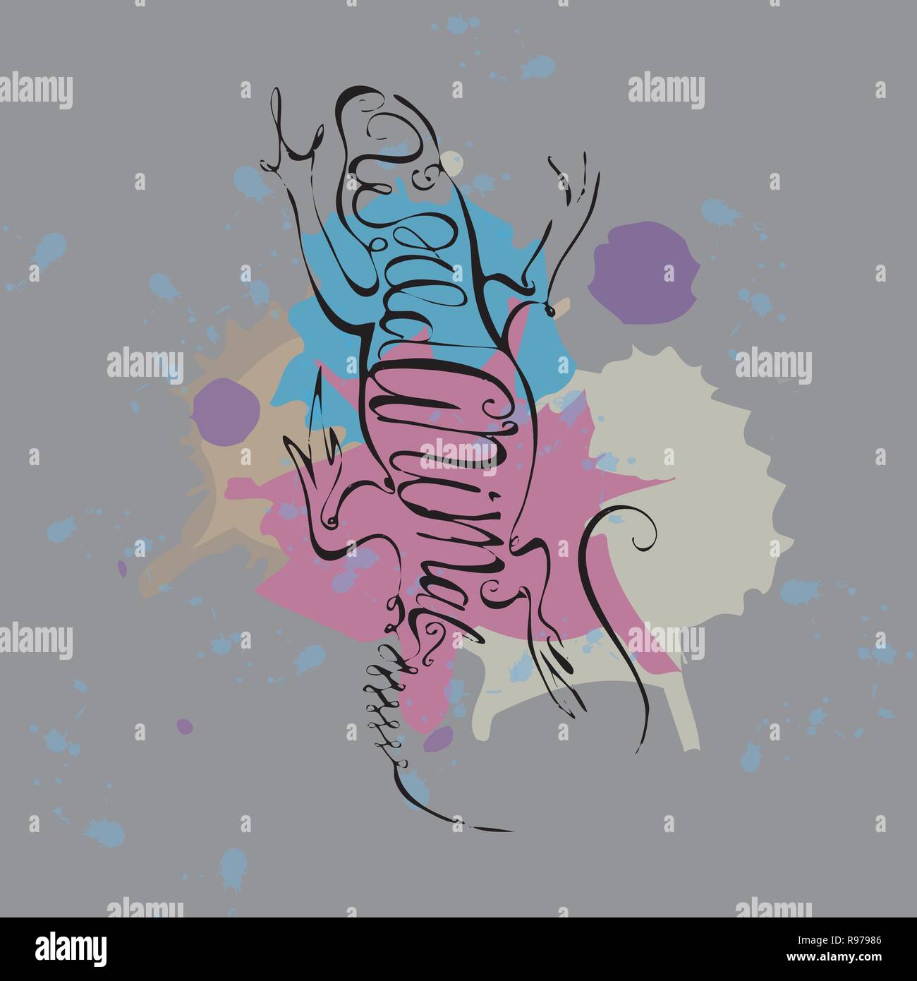 calligraphic ink silhouette of a lizard on a background of paint stains ...