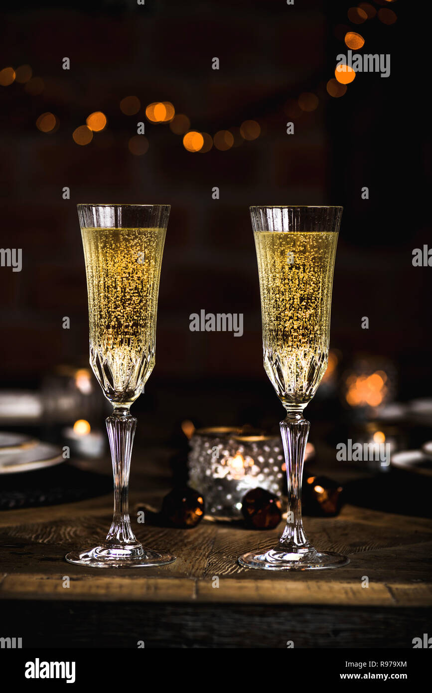 Christmas, New Year festive set, table with glasses of champagne ...