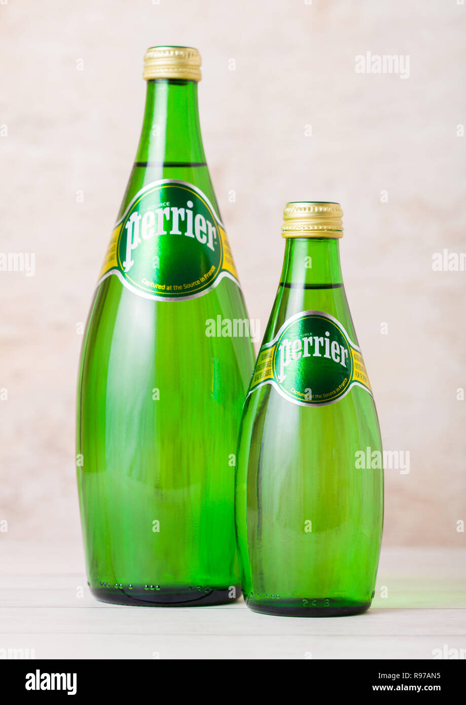 LONDON, UK - SEPTEMBER 03, 2018: Bottles of Perrier sparkling water on ...